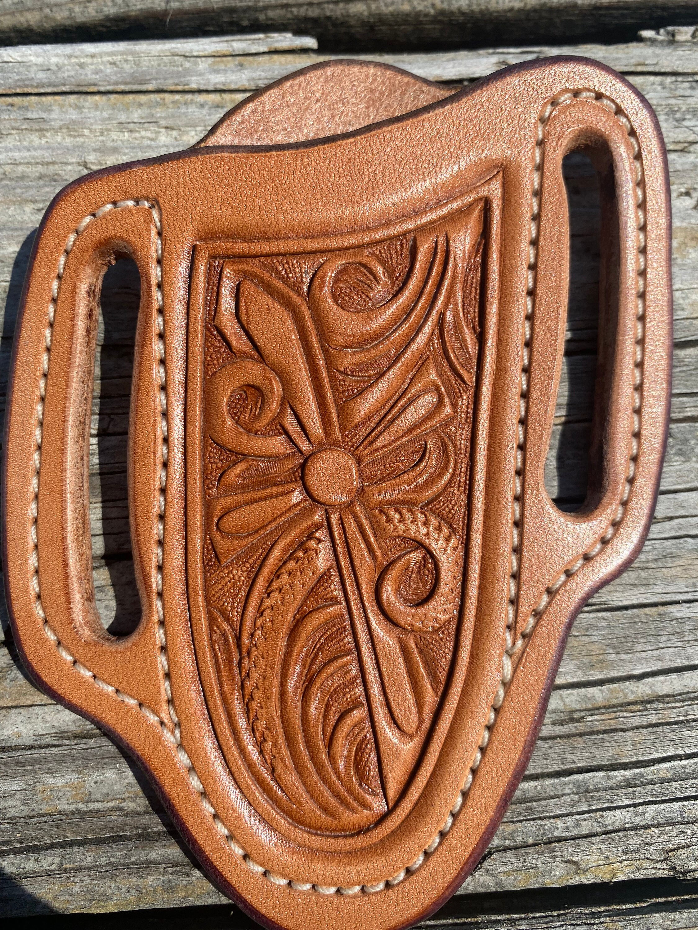 Tooled Leather Pocket Knife Sheath, Cross and Scroll Tooled Cross Draw ...