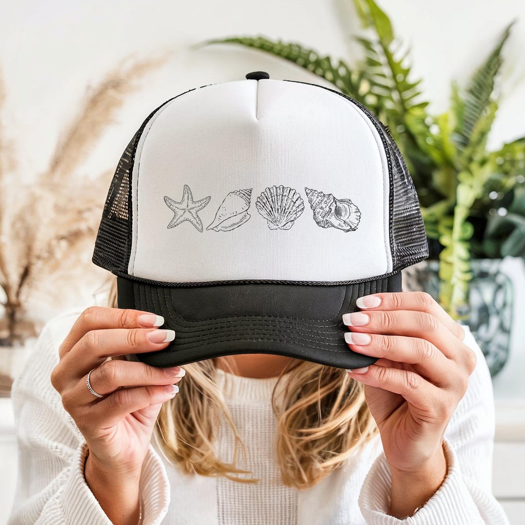 Seashell and Starfish Hat Beach Trucker Hat Ocean Printed Cap Coastal ...