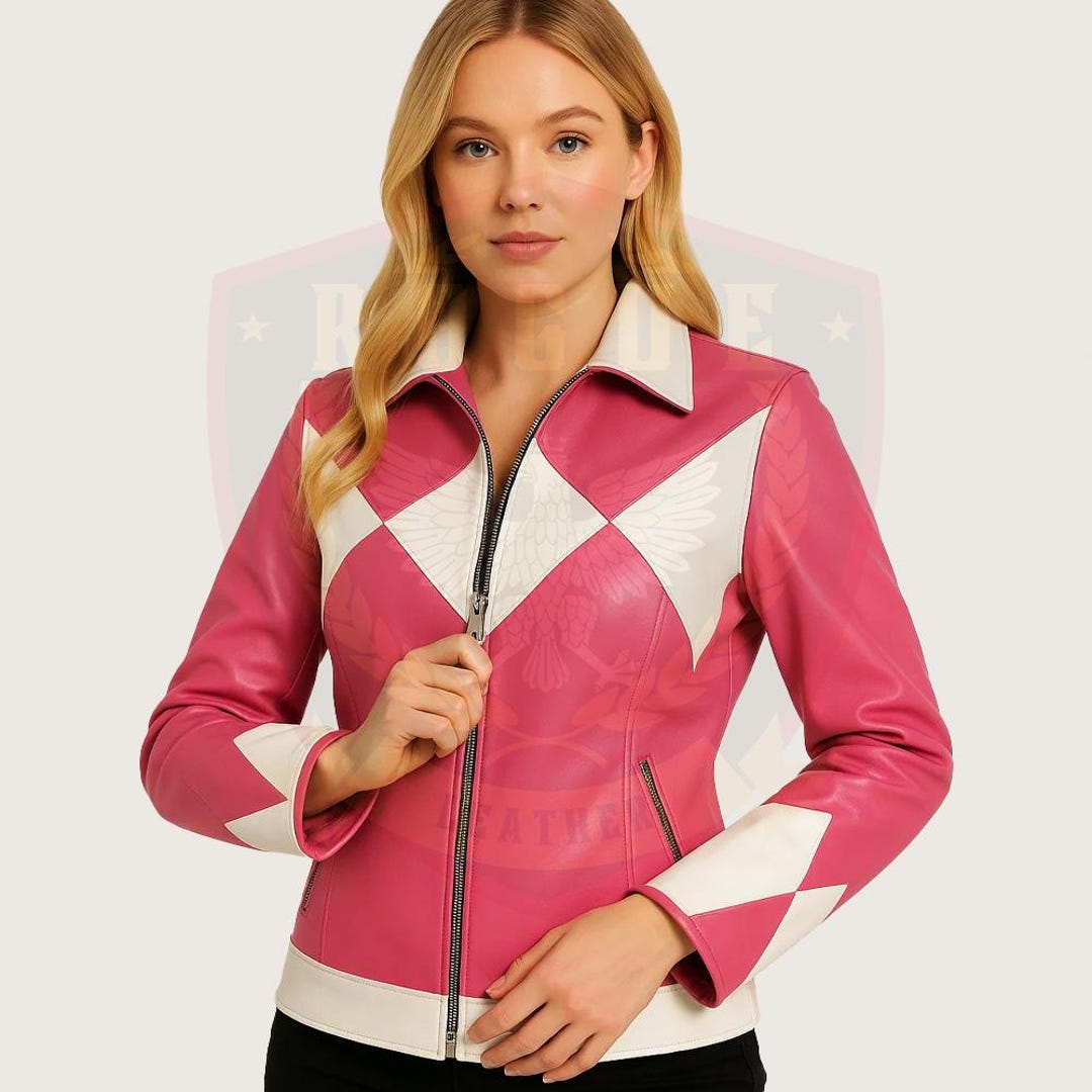Handcrafted Pink Ranger Leather Jacket, Stylish Pink Bomber Jacket for ...
