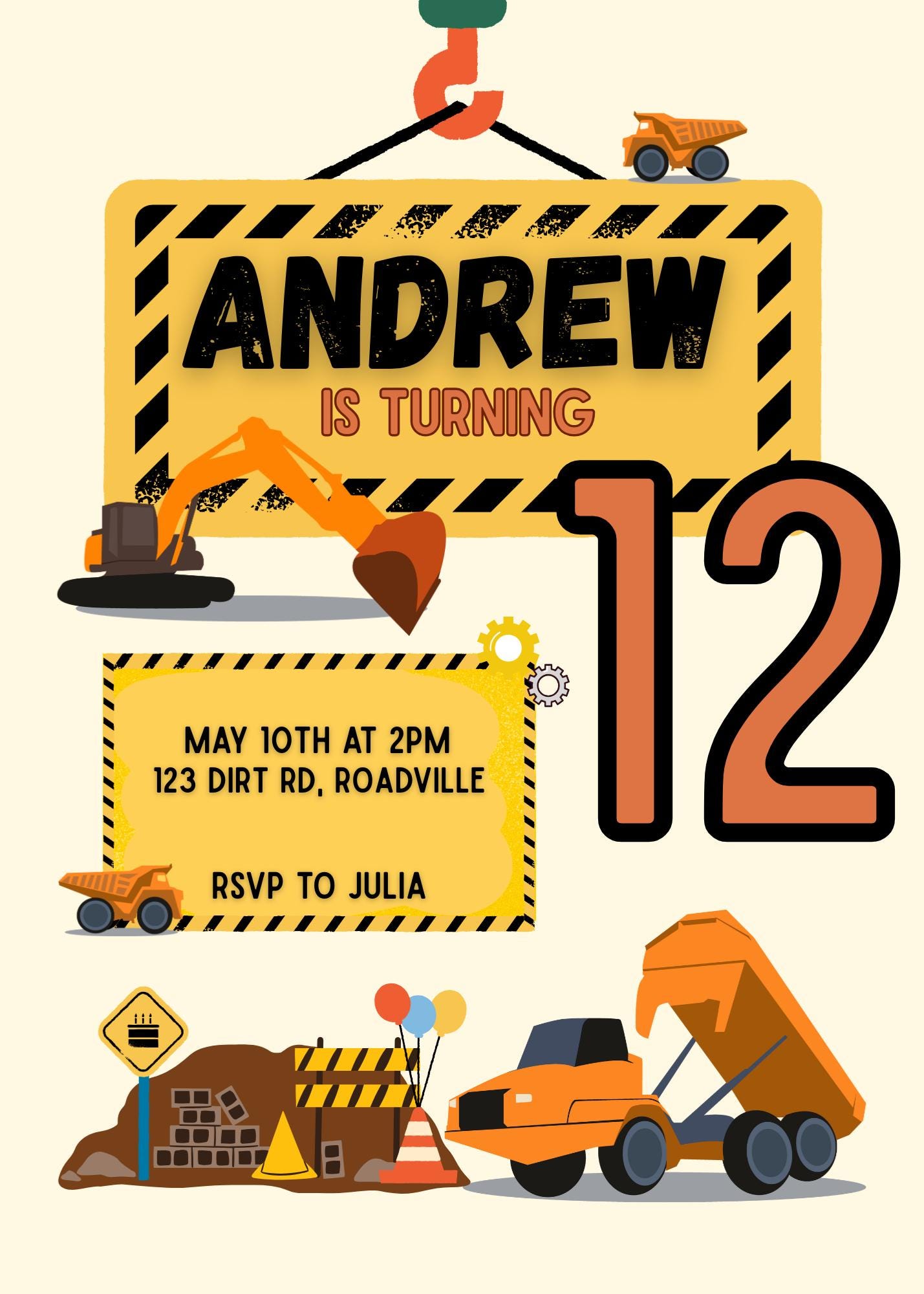 Construction Themed Birthday Party Invitation- Editable Template ( FOR ...