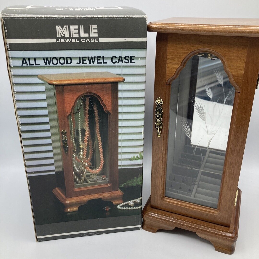 Mele Jewelry Box All Wood Jewel Case Etched Glass Door Necklace Ring ...