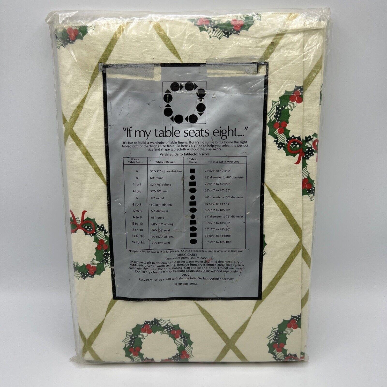 Vintage VERA Christmas Tablecloth Ribbons Wreath 52x52 Vinyl Bridge ...