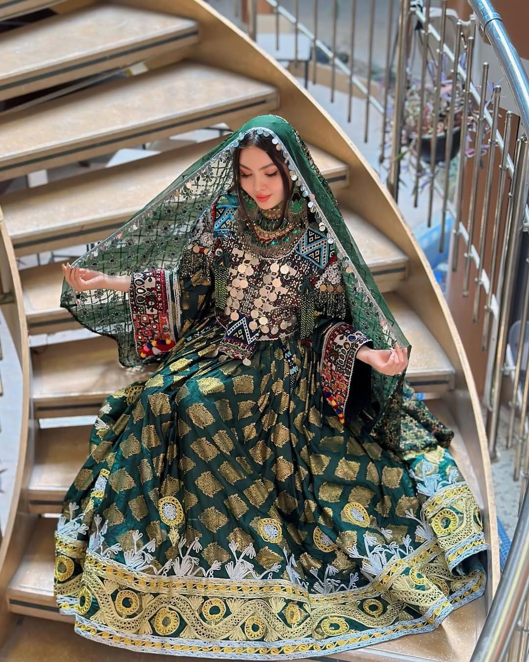 Luxury Emerald Afghan Kuchi Dress With Jewelry | Handmade Velvet ...