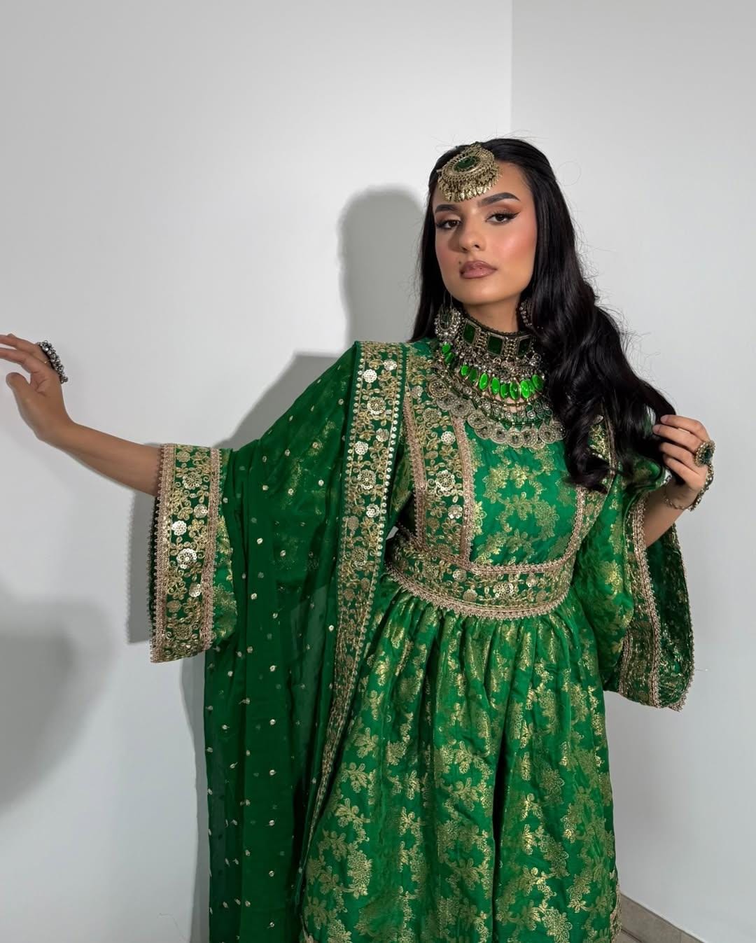 Emerald Green Afghan Peshwas Dress: Embroidered Silk Kuchi Bridal ...
