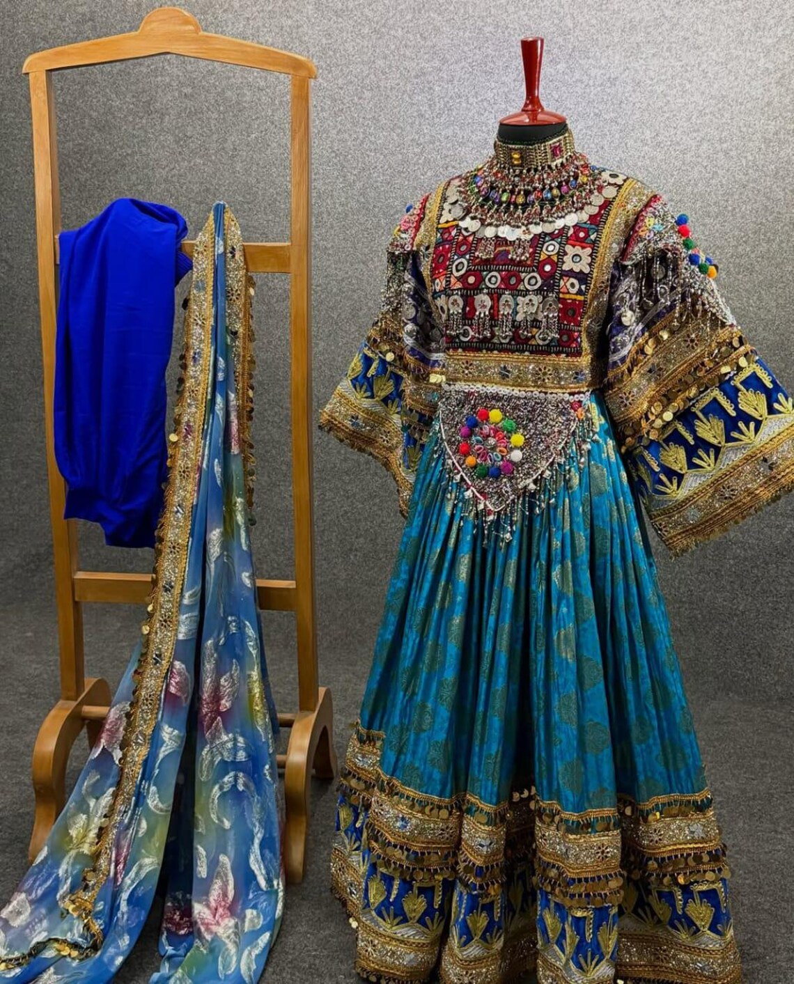 Embroidered Royal Blue Afghan Dress: Attan Outfit With Jewelry - Etsy