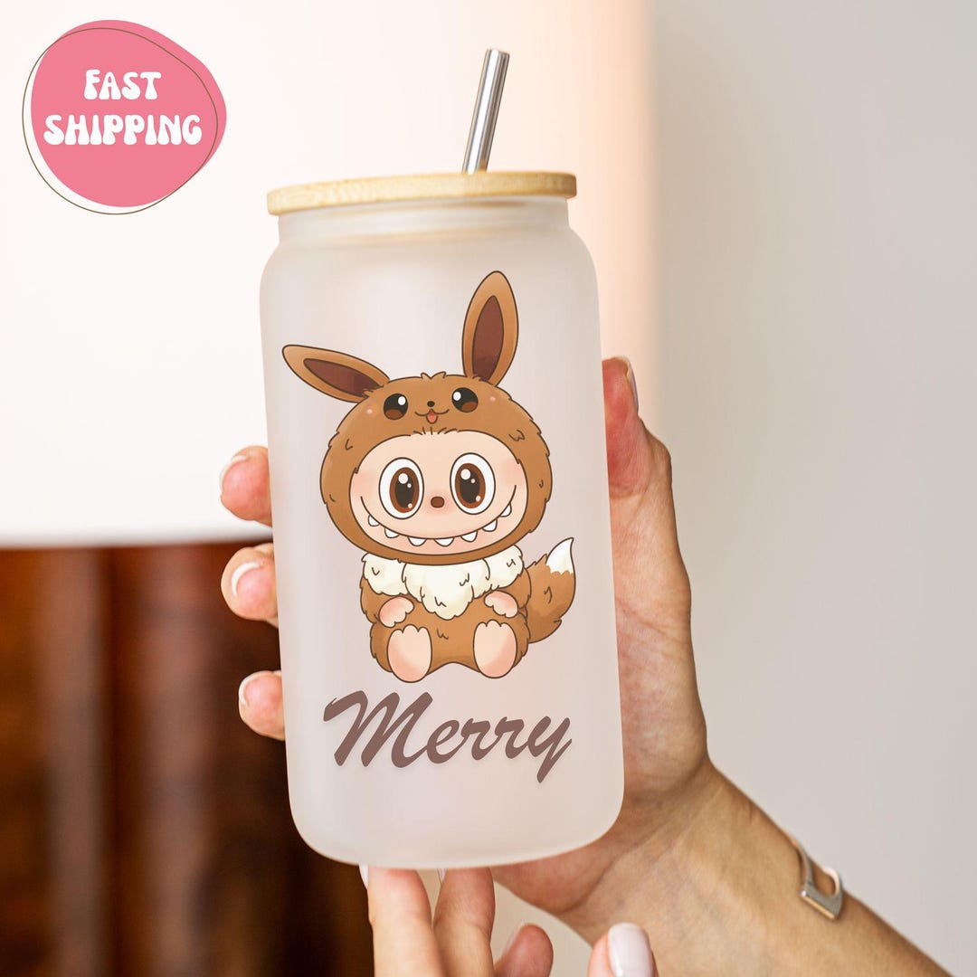 Personalized Labubu Bunny Tumbler, Custom Name Frosted Glass Cup, Cute ...