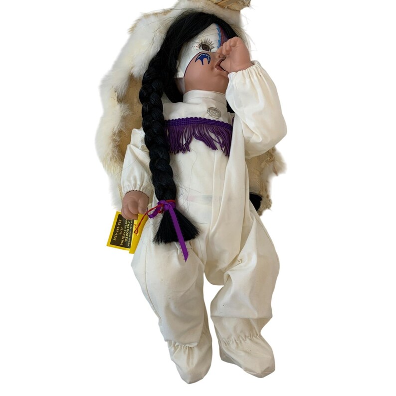 Native American Porcelain Doll Fur Headdress 20" Tall Cherokee Trader ...