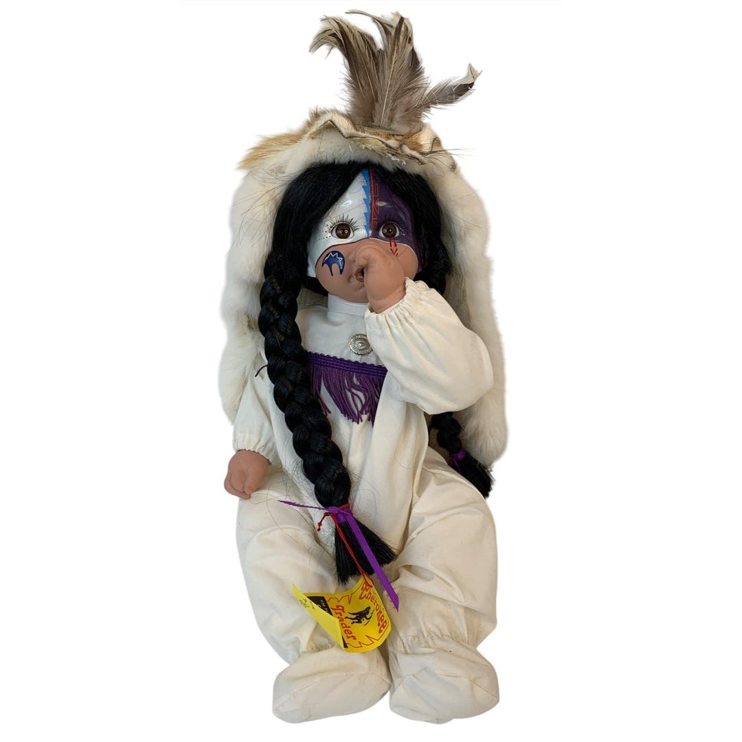 Native American Porcelain Doll Fur Headdress 20" Tall Cherokee Trader ...
