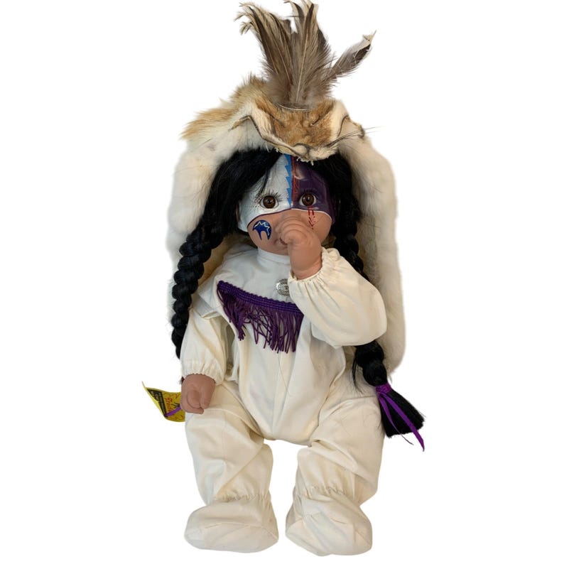 Native American Porcelain Doll Fur Headdress 20" Tall Cherokee Trader ...