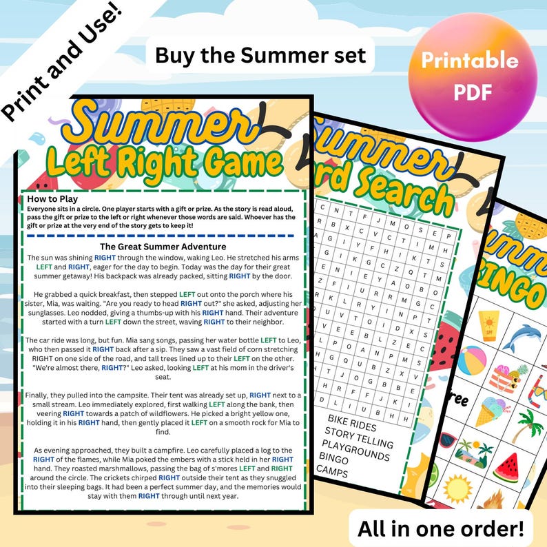Summer Activity Bundle, Bingo, Word Search, Prize Games, Birthday Party ...
