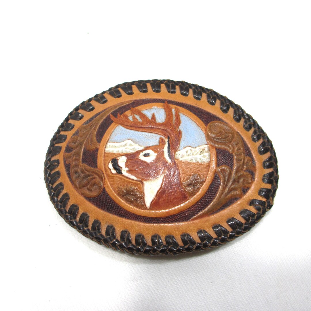 Vintage Hand Painted Leather Deer Wilderness Belt Buckle - Etsy