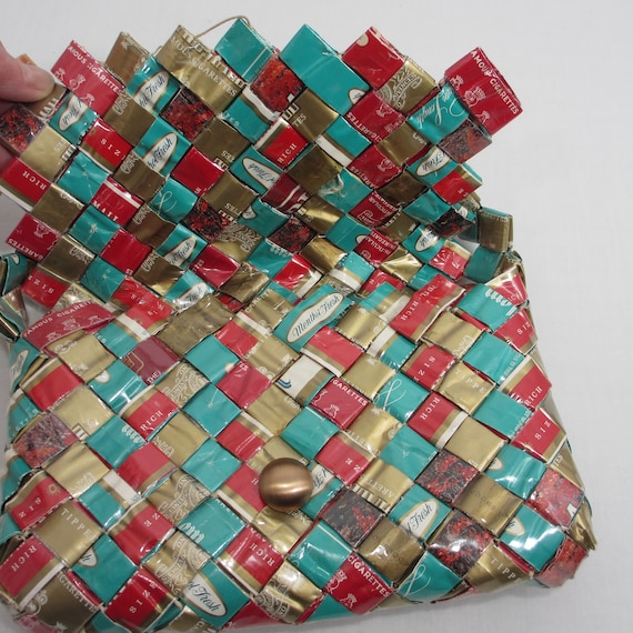 Vintage Tramp Art Handmade Cigarette Label Purse Clut… - Gem