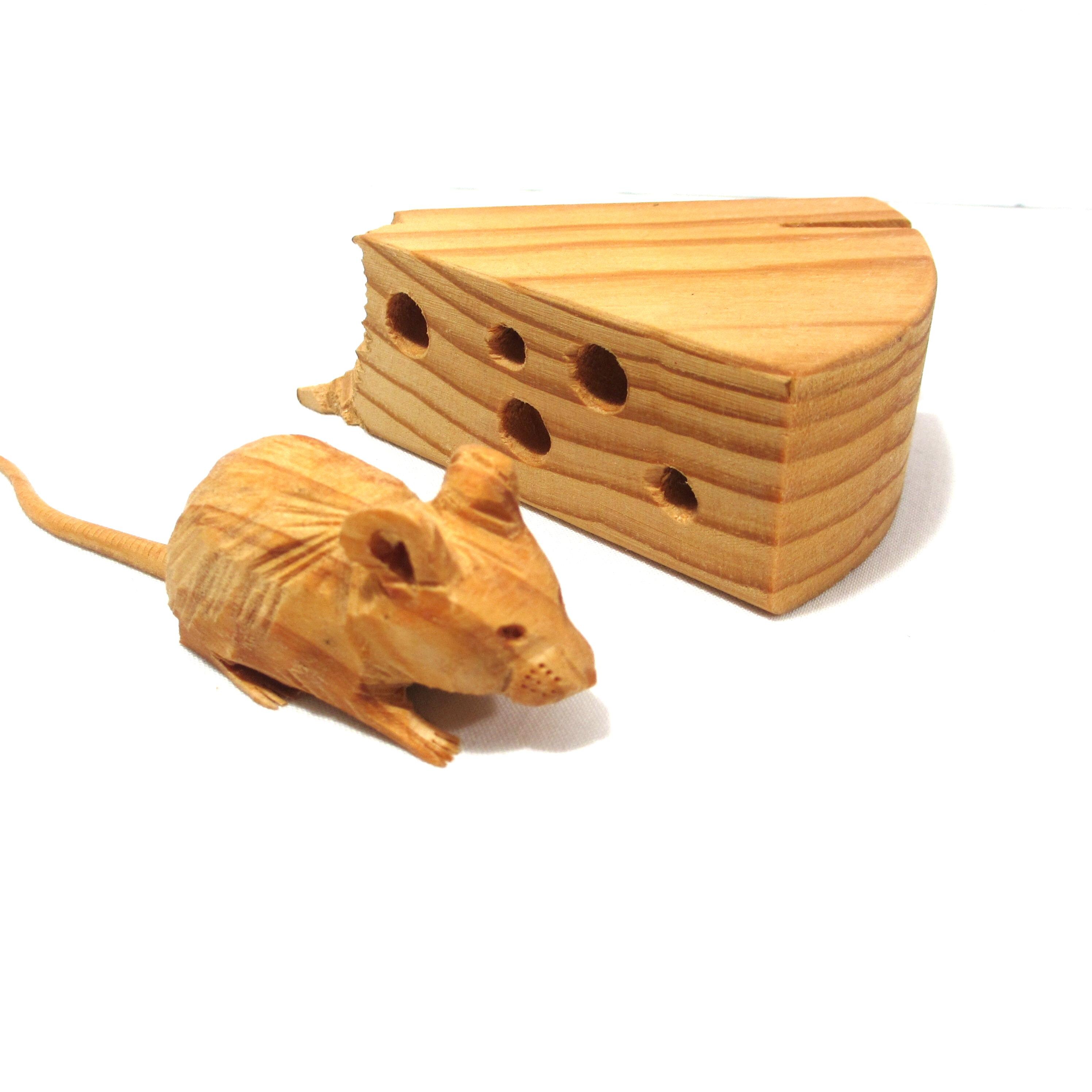 Unique Hand Carved Wooden Figurine Block Cheese With Mouse Inside ...