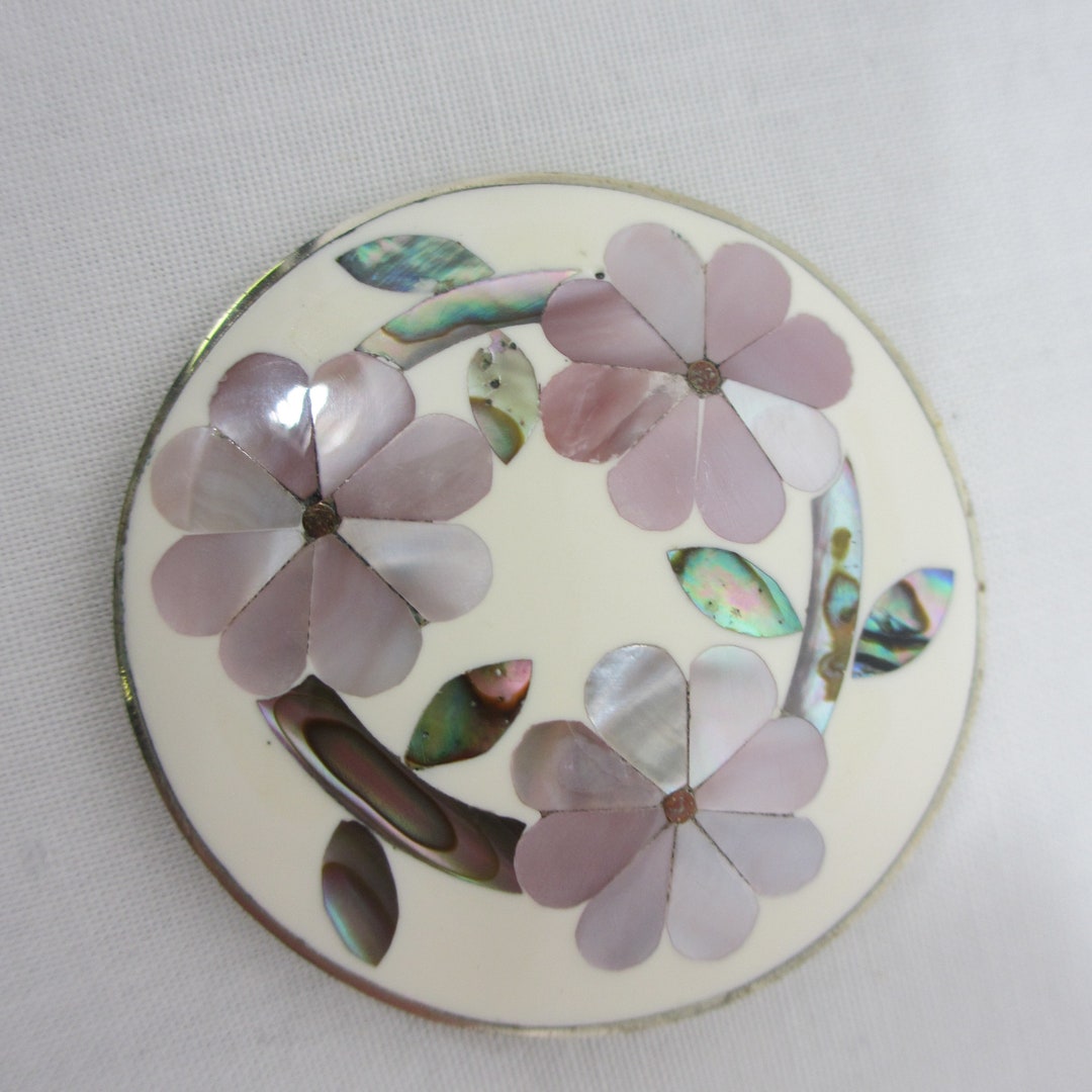 Vintage Round Silver Brooch With Inlay Flowers - Etsy
