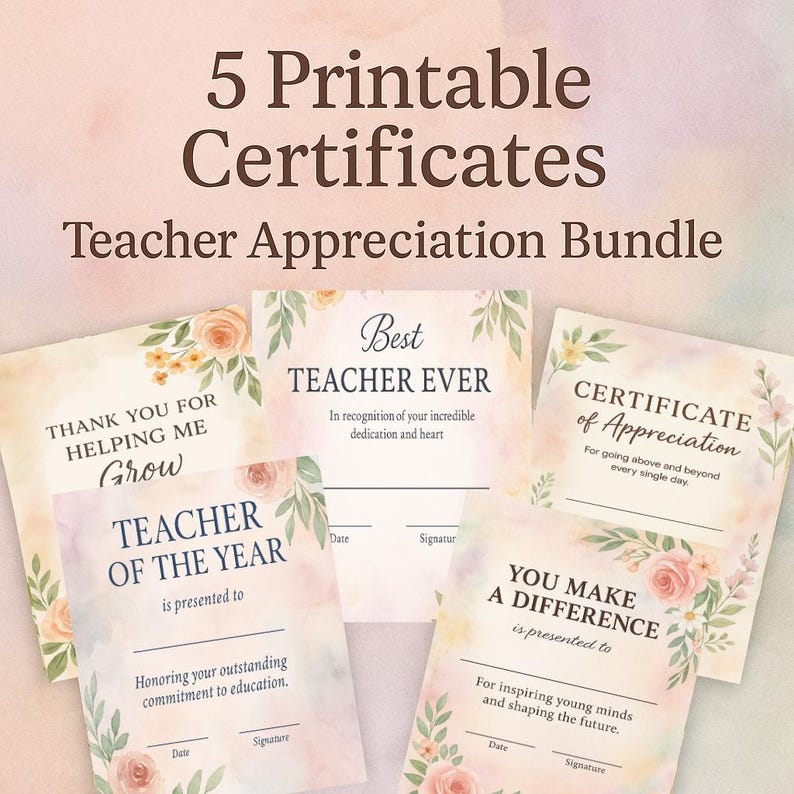 Printable Teacher Certificates – Floral PDF Awards – End of Year ...
