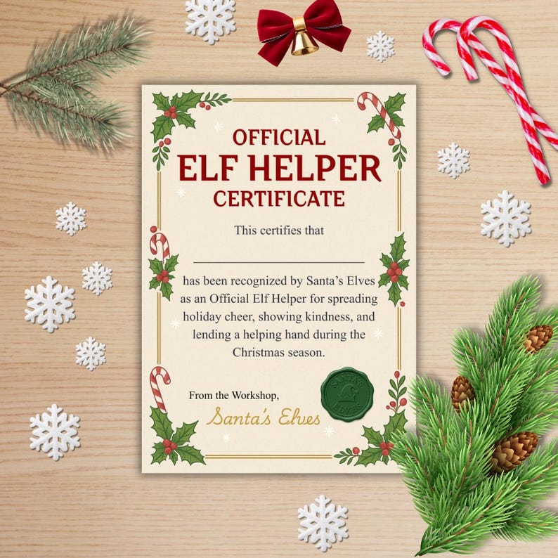 Elf Helper Certificate | Christmas Printable for Kids | Holiday Award ...