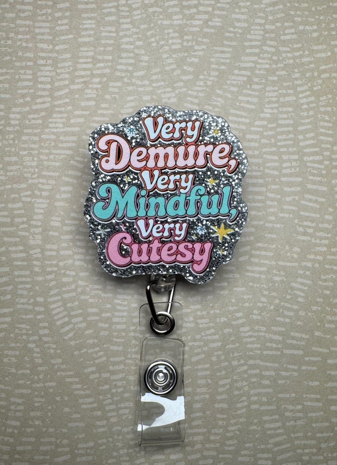 Demure Tiktok Meme Badge Reel: Holographic Glitter, Pastel Colors - Etsy