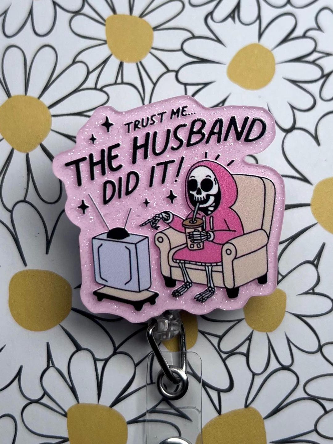 True Crime & Chill Badge Reel | Pink Glitter Skeleton Badge | Funny ...