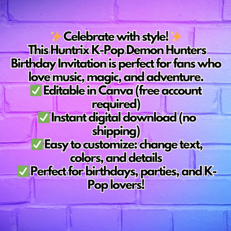 KPop Huntrix Birthday Invitation | Demon Hunters Party | Editable Canva ...