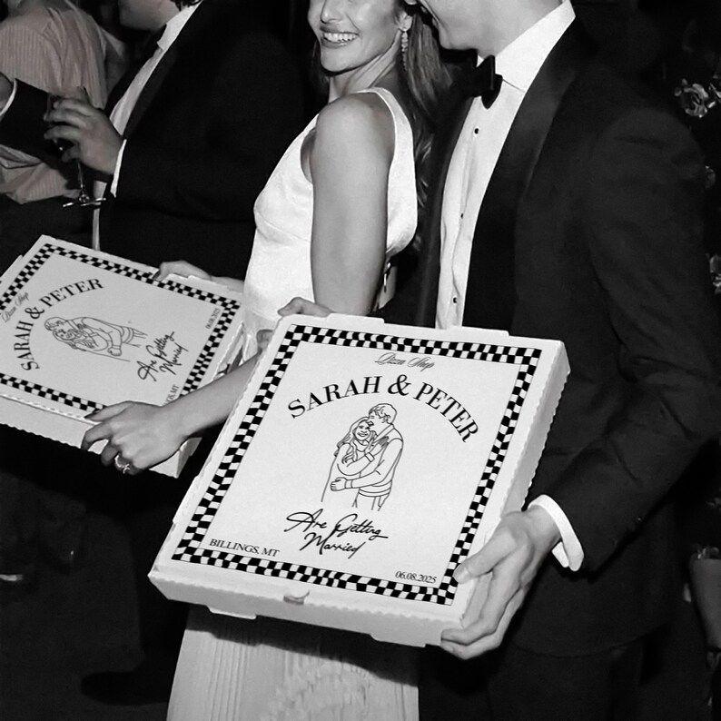 Custom Wedding Pizza Box Template With Couple Photo Illustration, Retro ...