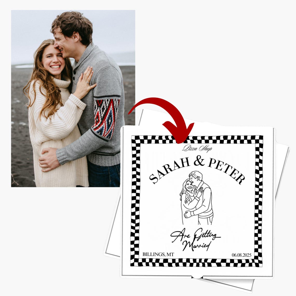 Custom Wedding Pizza Box Template With Couple Photo Illustration, Retro ...