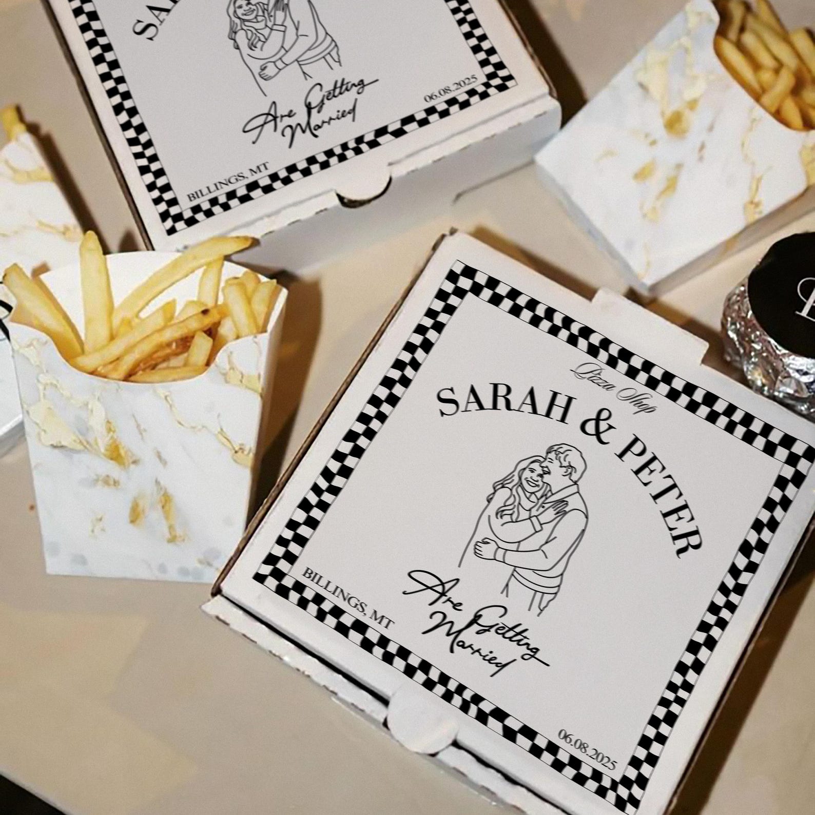 Custom Wedding Pizza Box Template With Couple Photo Illustration, Retro ...