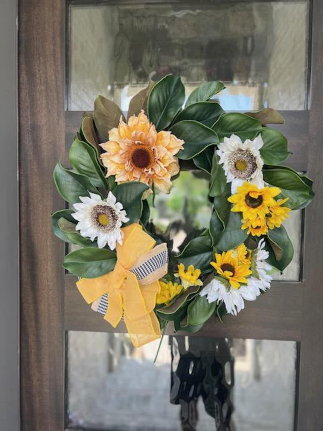 Sunflower and Magnolia Leaf Wreath for Front Door With Yellow Bow ...