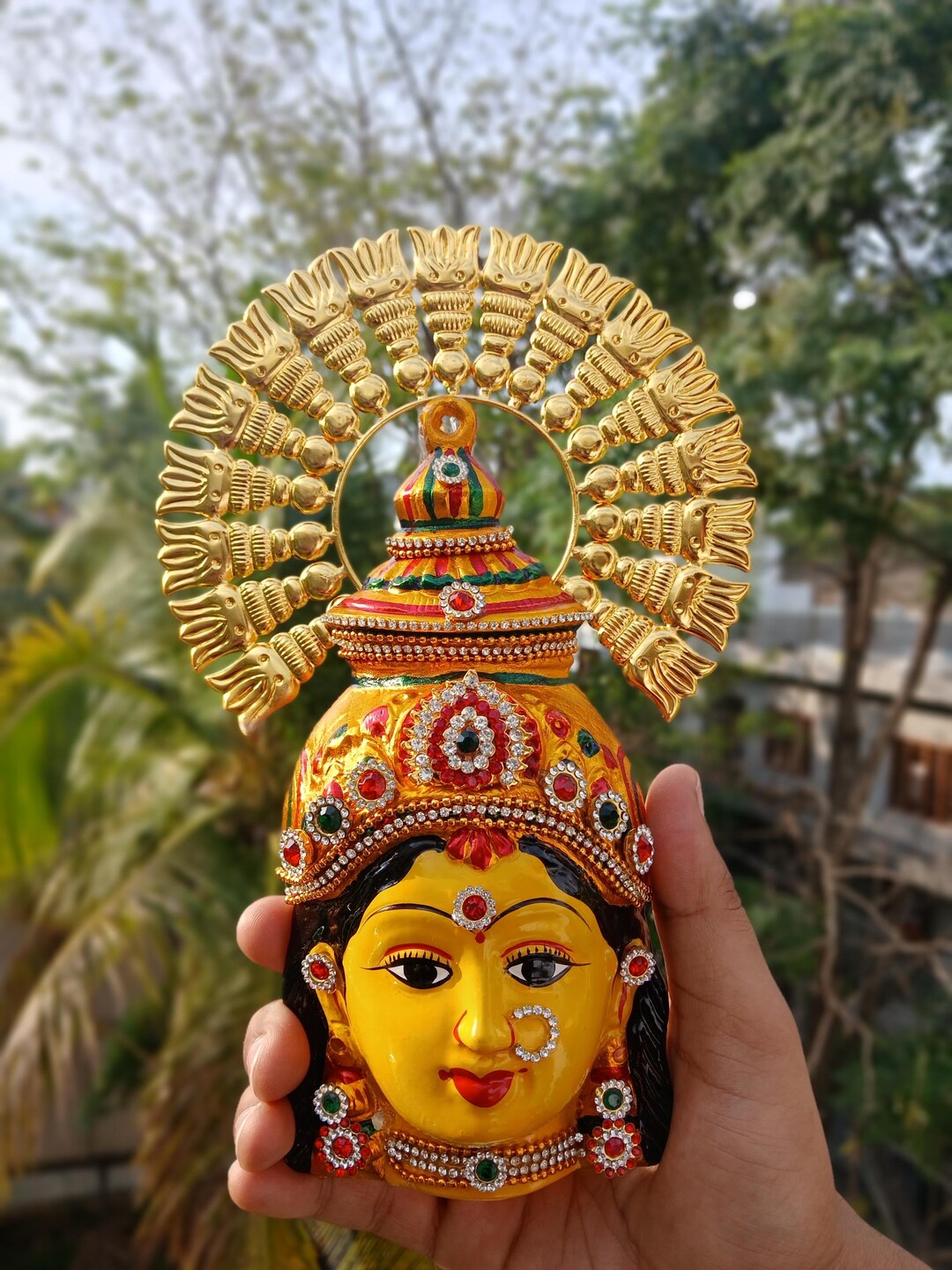 Handcrafted Yellow Lakshmi Face – Hindu Goddess Pooja Decor, 9.5x6 In ...