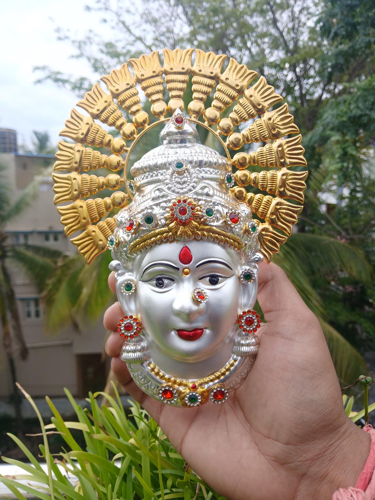 Matte Finish German Silver Lakshmi Face With Gold Arch for Kalasham ...