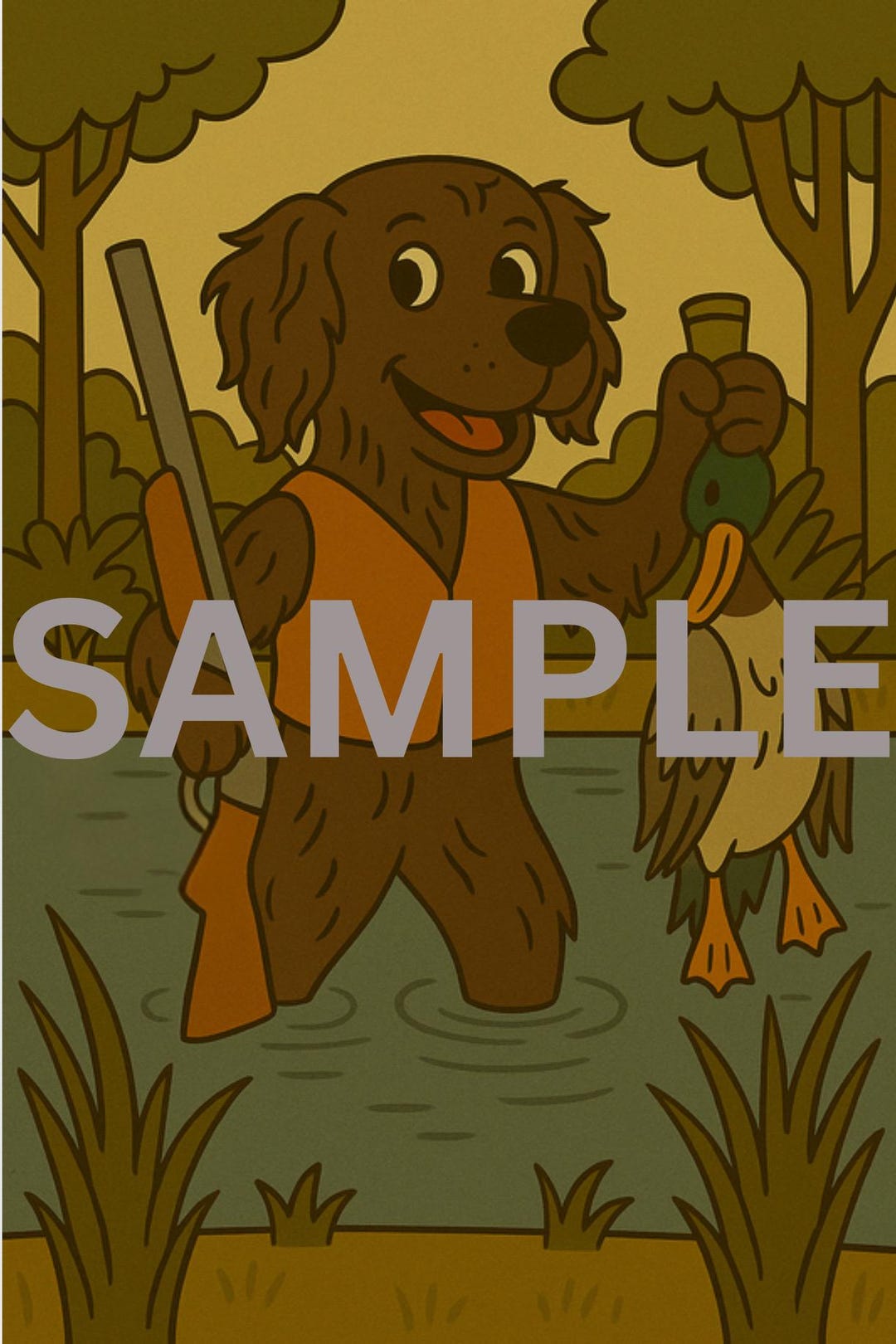 Boykin Spaniel Duck Hunting Cartoon Print, Mid-century Style Boykin ...