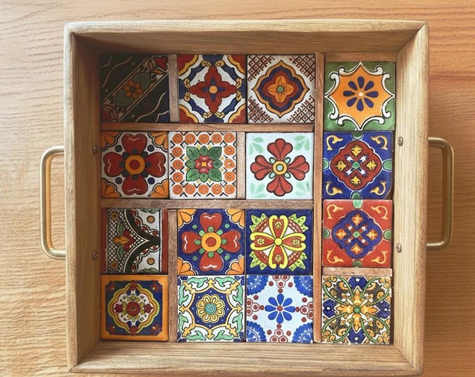 Handmade Talavera Tile Serving Tray: Reclaimed Wood With Brass Handles ...