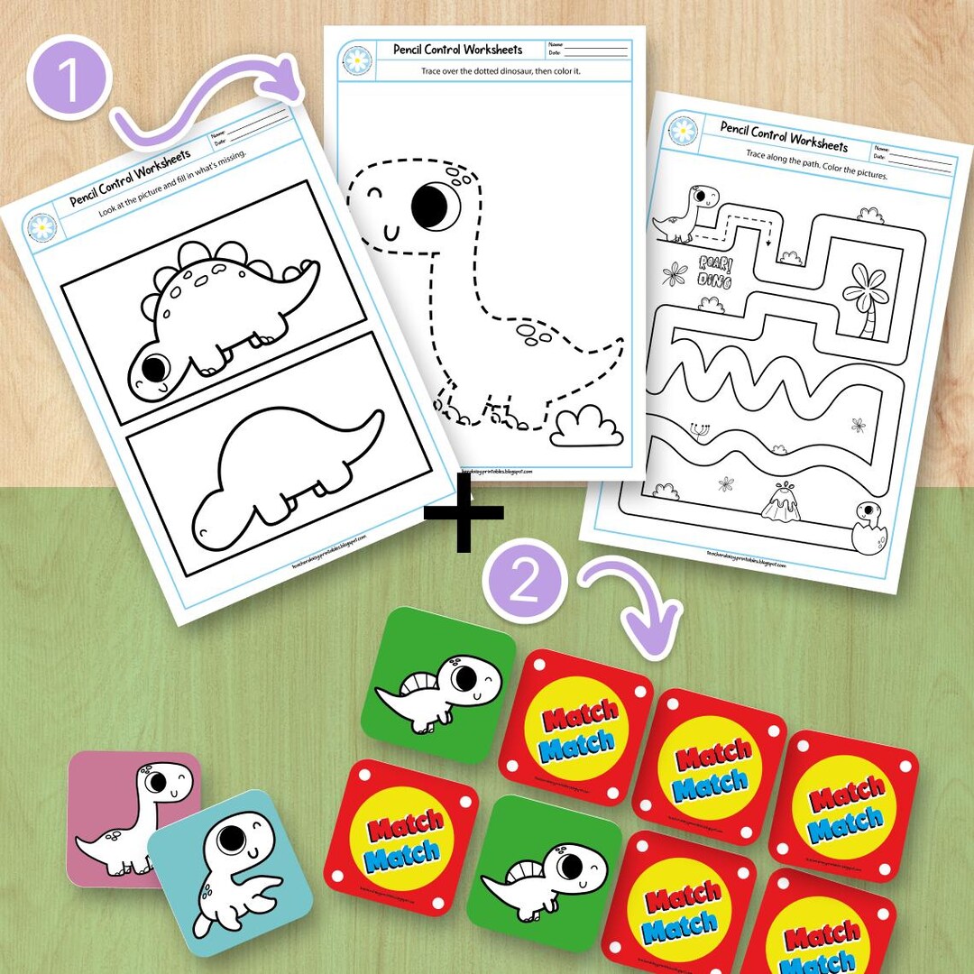 2 in 1 - Dinosaur Fine Motor Skills Worksheets for Preschool | Tracing ...