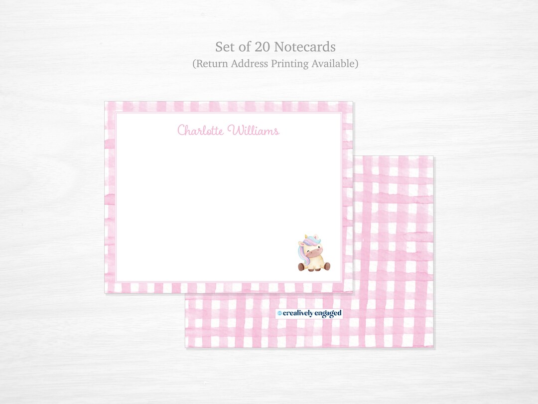 Personalized Girls Pink Gingham Watercolor Unicorn Stationery | Set of ...