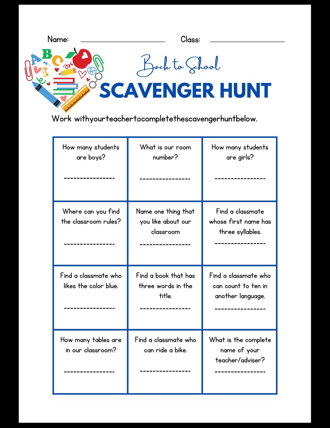 Back to School Scavenger Hunt Printable | Fun First Day of School ...
