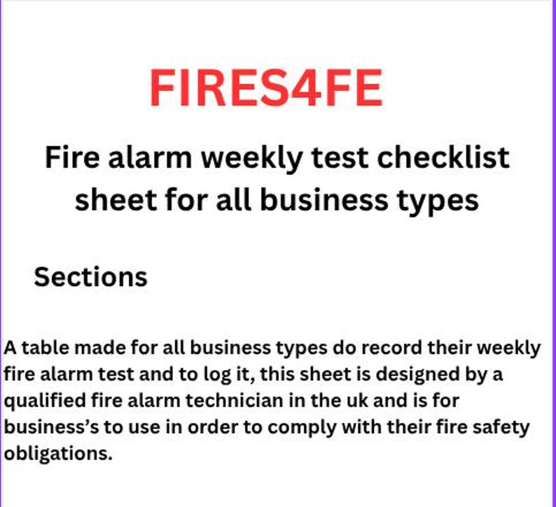 Fire Alarm Weekly Test Checklist Sheet Printable Pdf - Etsy