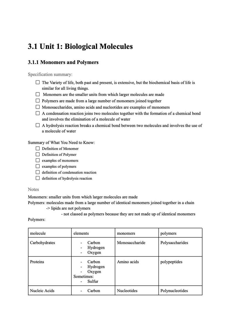 AQA Alevel Biology: Monomers and Polymers Specification Related Notes ...