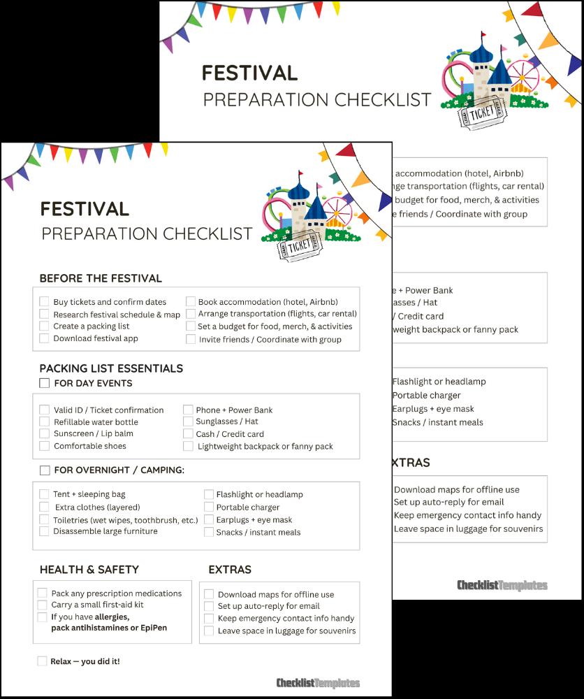 Festival Preparation Checklist Printable | Festival Packing List ...