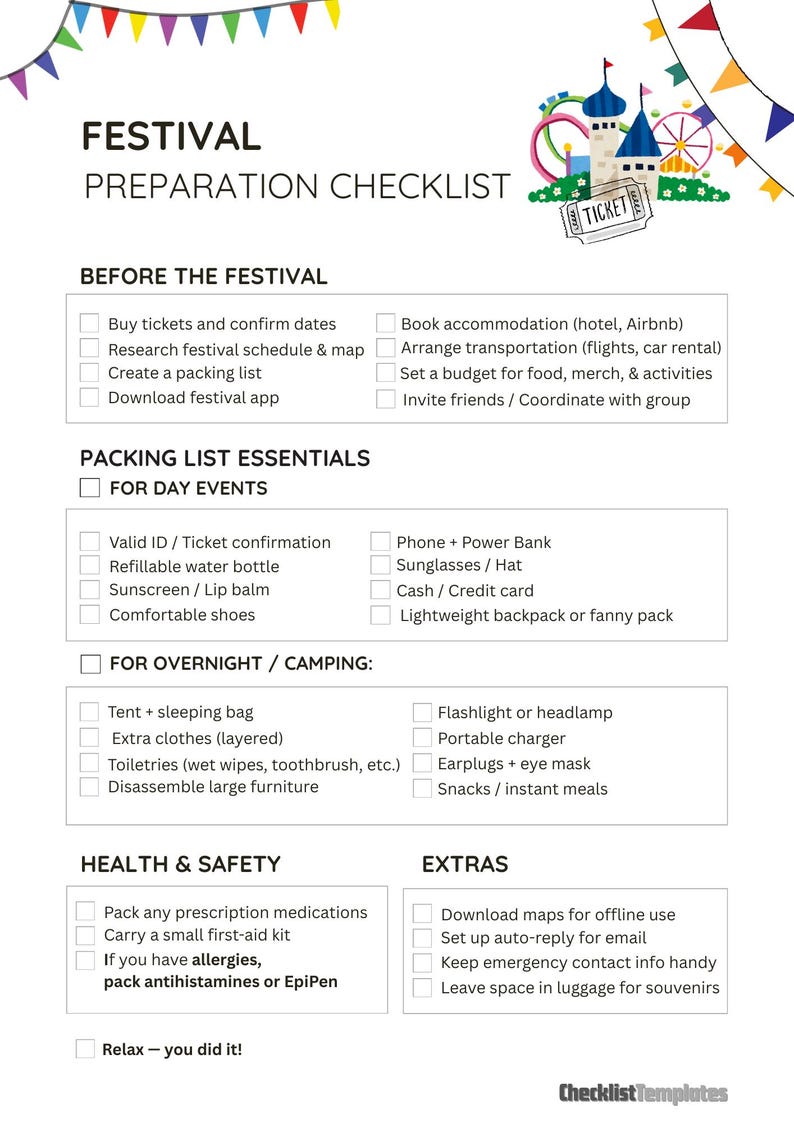 Festival Preparation Checklist Printable | Festival Packing List ...
