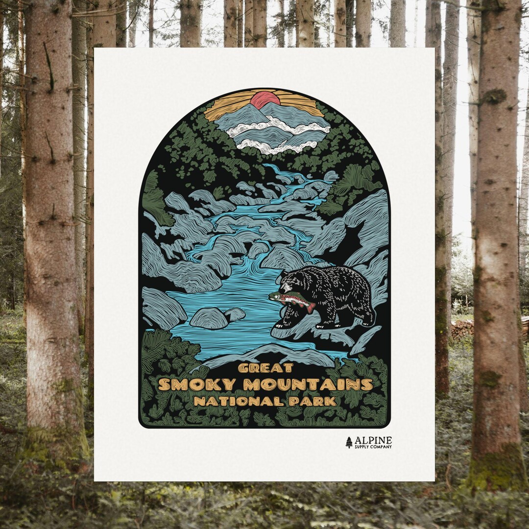 Smoky Mountains National Park Poster | Bear Fishing Wall Art - Etsy