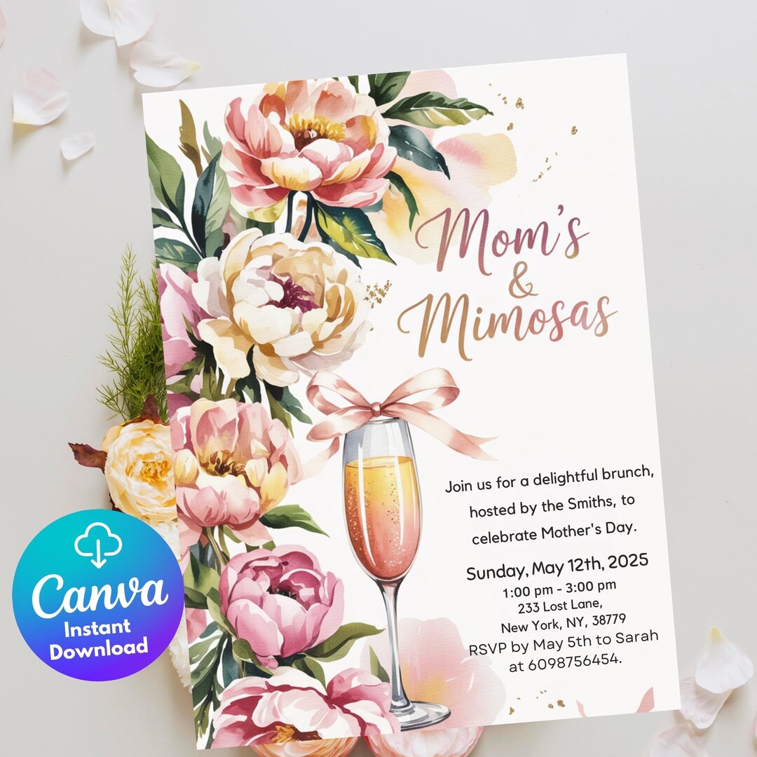 Editable Mom's and Mimosas Invitation Template for Mother's Day Brunch ...