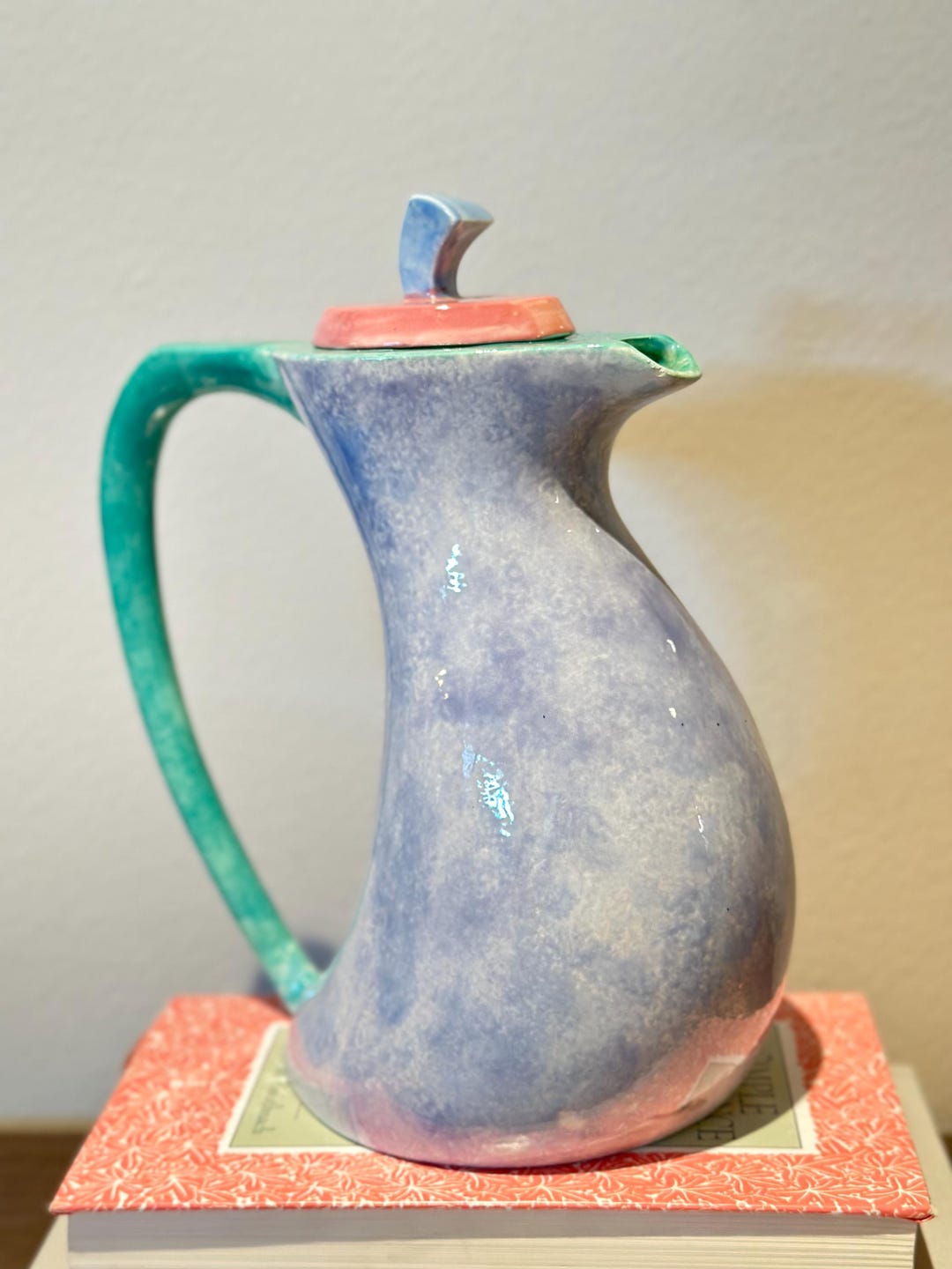 Vintage Studio Pottery Pitcher | Blue, Teal & Coral Glaze | Handcrafted ...