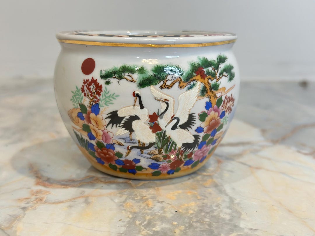 Vintage Japanese Porcelain Pot – Hand-painted Cranes & Floral Motif ...