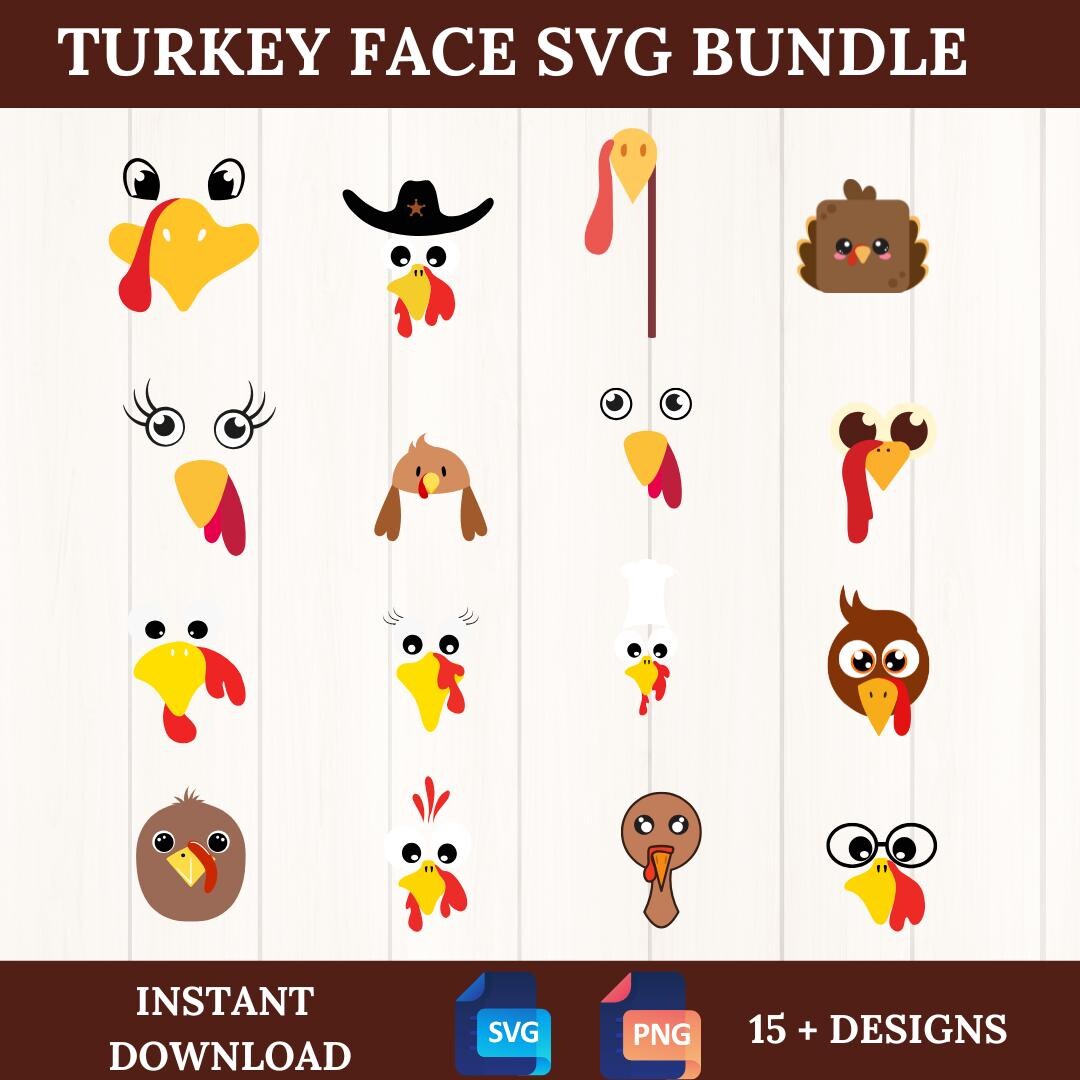 Turkey Face PNG SVG, Thanksgiving Clipart Bundle, Funny Turkey Faces - Etsy