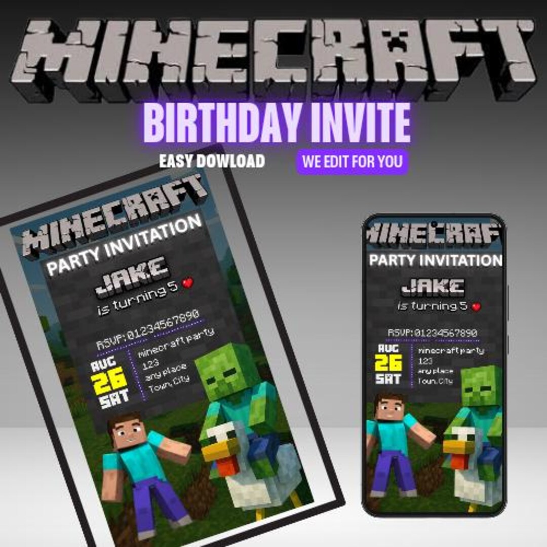 Best Birthday Invite Minecraft Boys Chicken Jockey Invite. We Editing ...