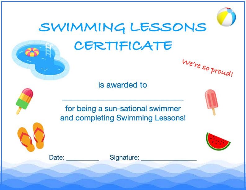 Swimming Lessons Certificate for Toddlers - Etsy