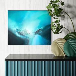 Small Abstract Painting in Aqua and Deep Blue - Original Textured Wall ...