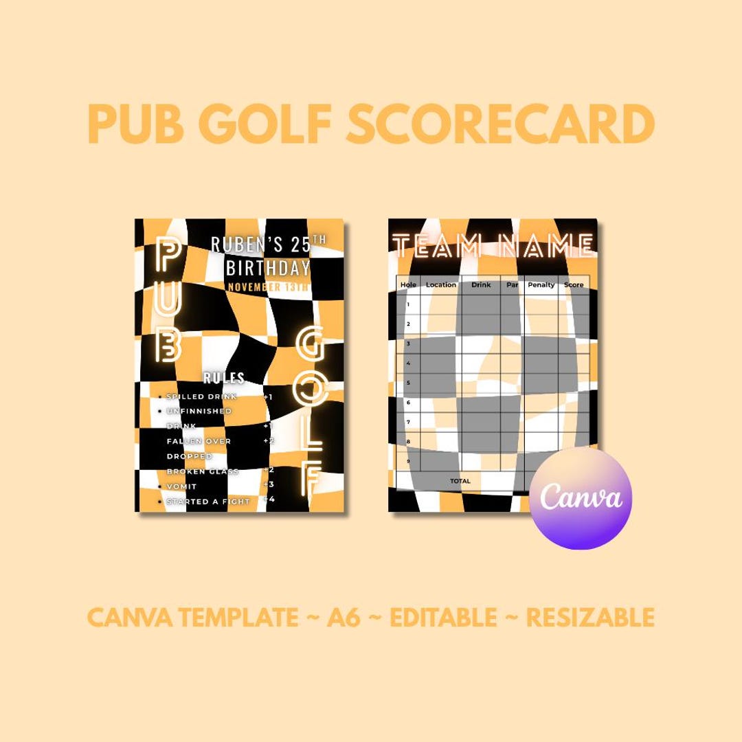 Pub Golf Scorecard | Editable Birthday Party Game (canva Template) - Etsy
