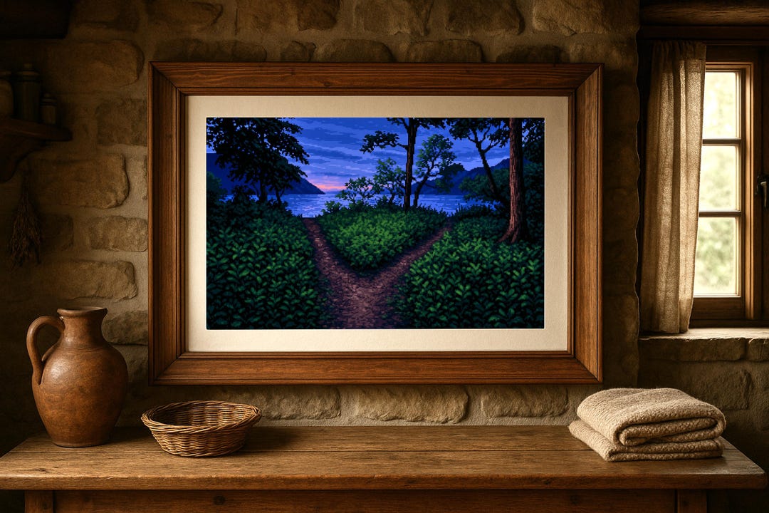 Pixel River Path at Dusk – Retro Forest Valley View, 1990s Adventure ...