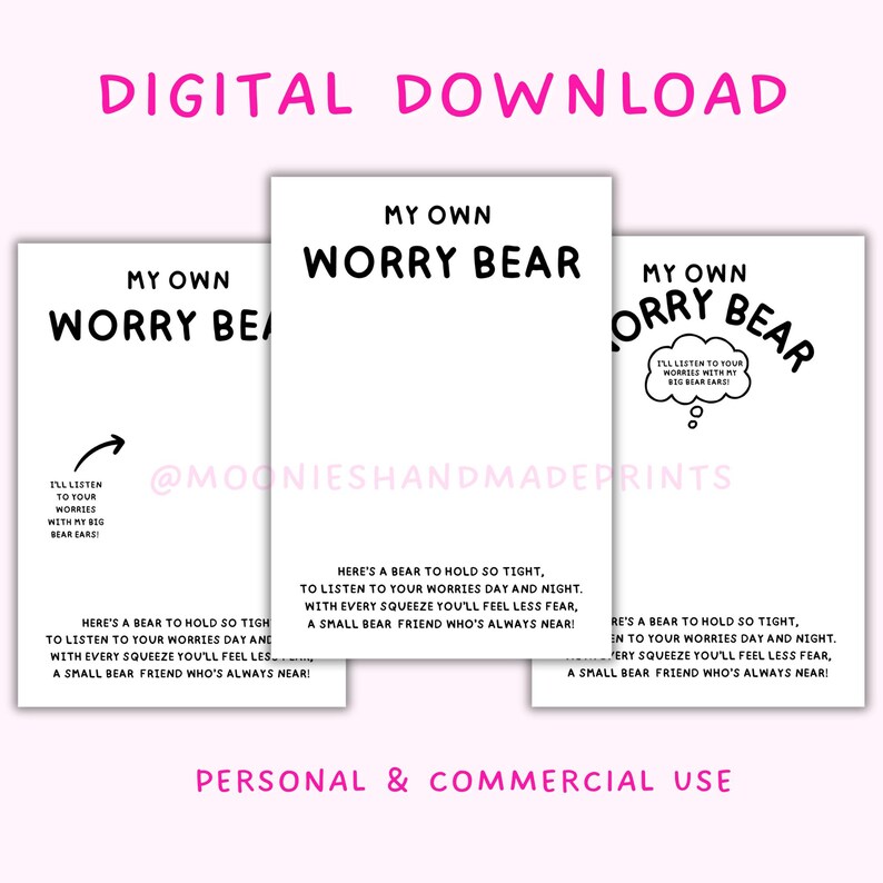 Printable Worry Bear Cards, Worry Bear Design, Pocket Hug Template ...
