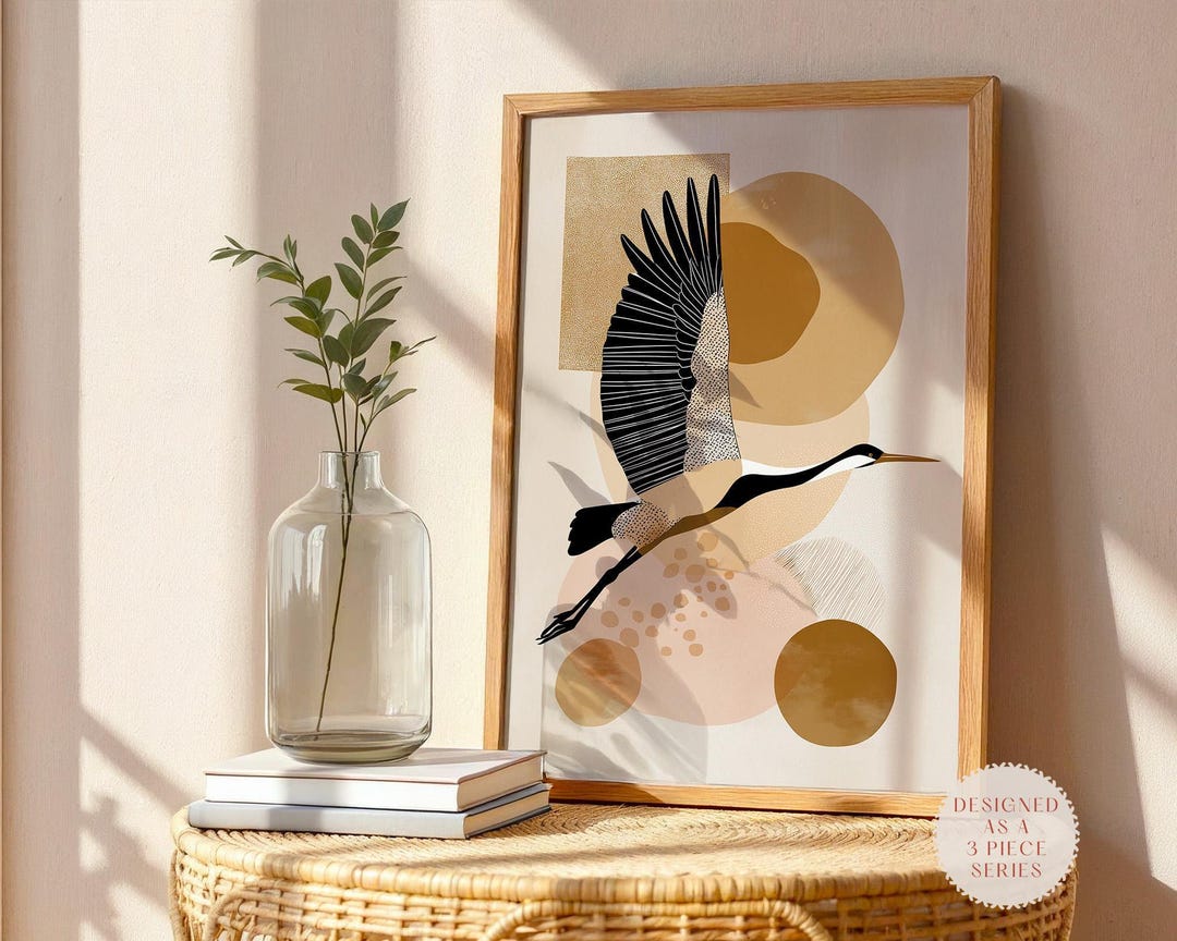 Crane Wall Art Print – Neutral Boho Animal Decor – Mid Century Modern ...